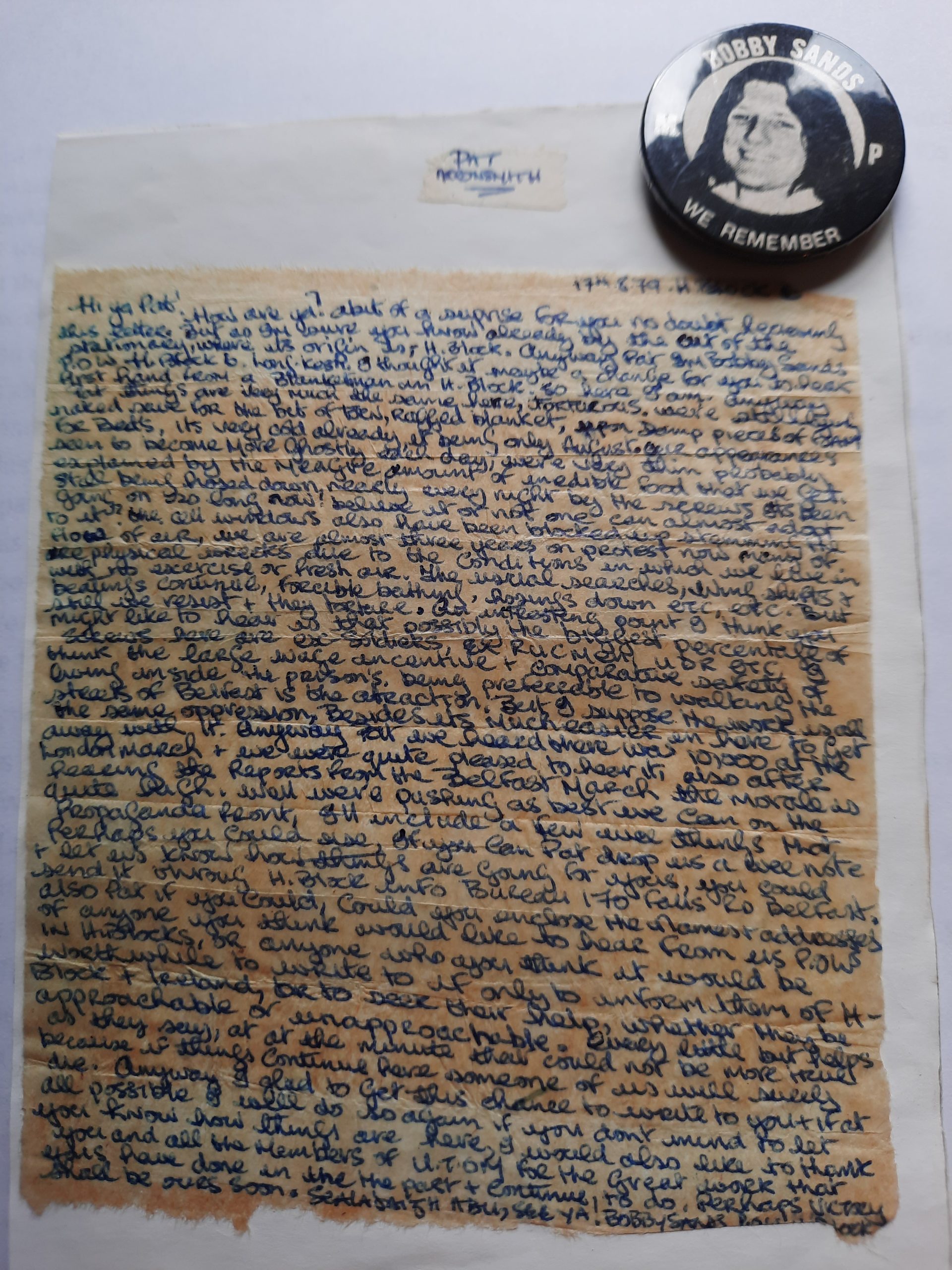 A tribute to Bobby Sands and Pat Arrowsmith: previously unpublished letter